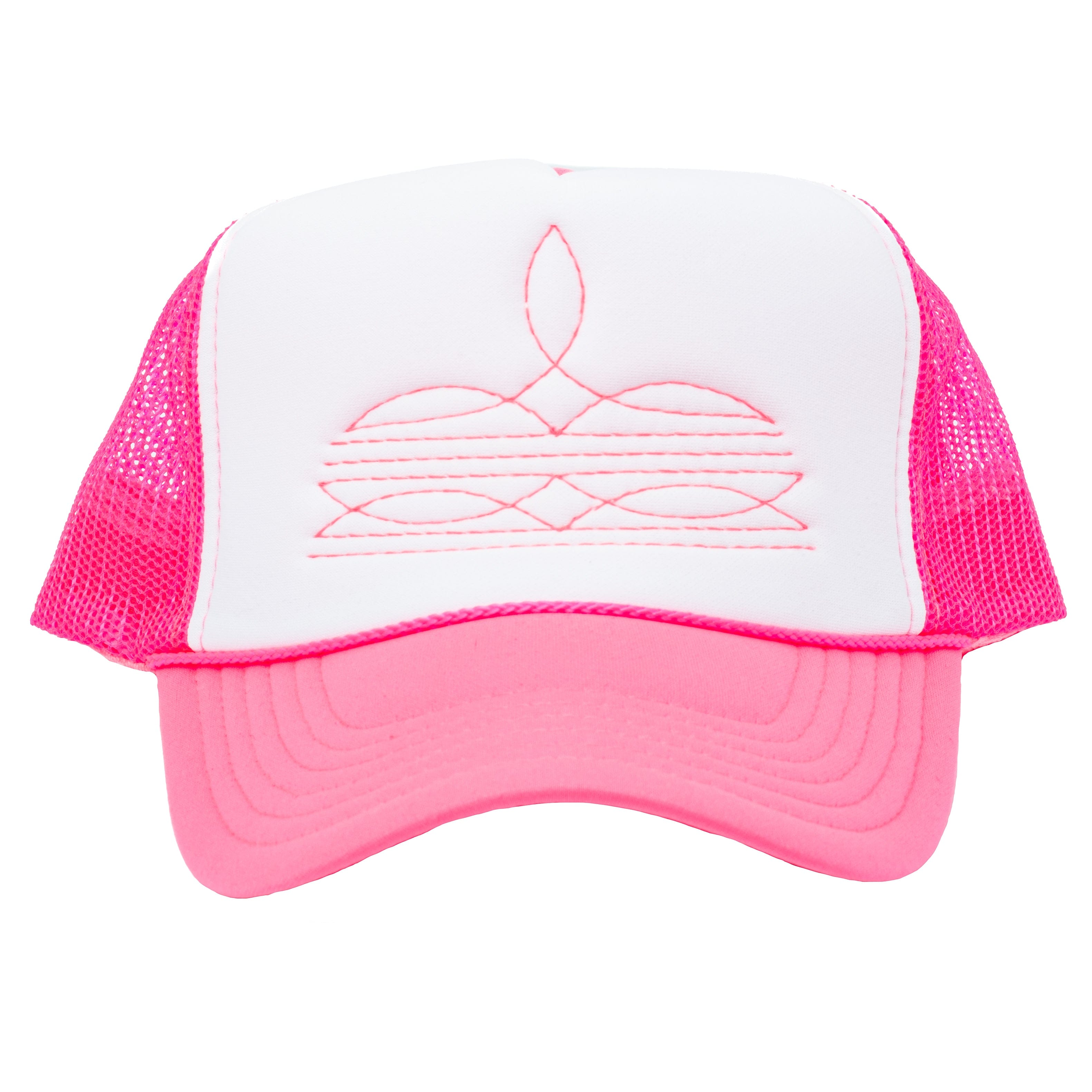 Hot Pink & White Trucker Hat with Hot Pink Boot Stitching